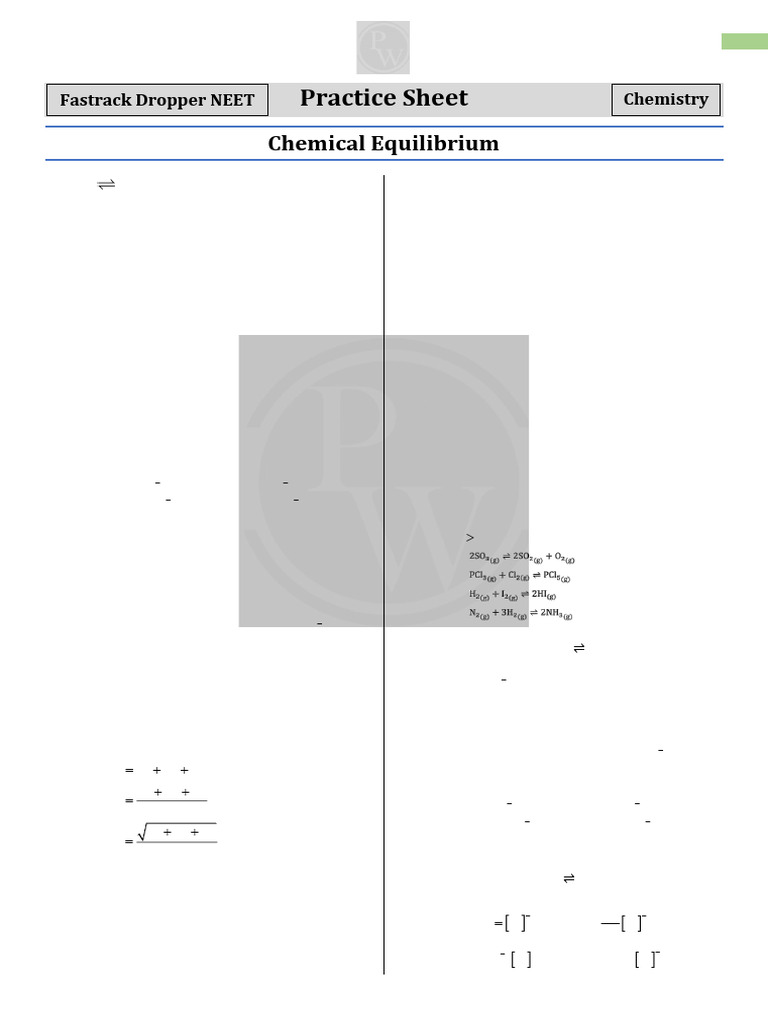 Practice_Sheet_Fastrack_Dropper_NEET_Chemical_Equilibrium_Chemistry | PDF | Chemical Equilibrium ...