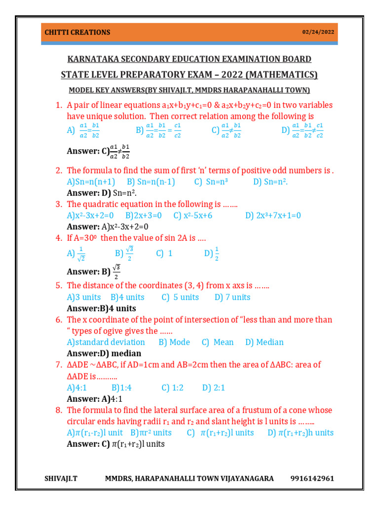 10th Maths Key Answrs State Level Prep-1 | PDF | Area | Triangle
