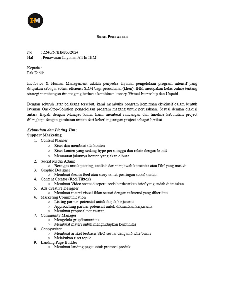 Surat Penawaran IHM Pak Didik | PDF