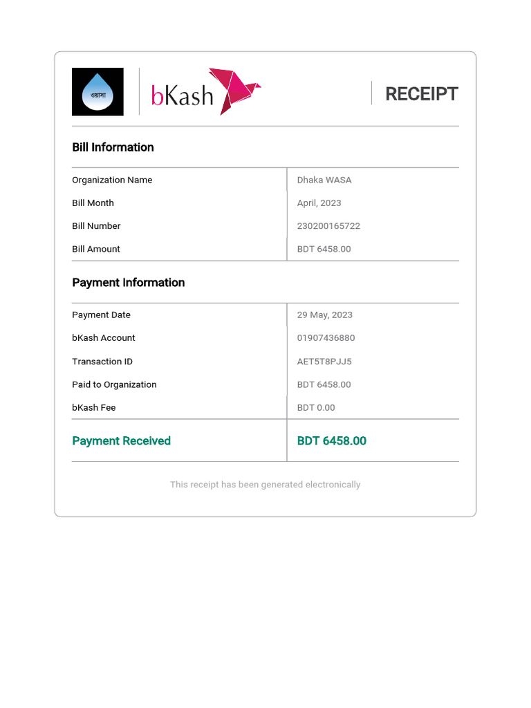 Dhaka WASA April 2023 Bill Receipt | PDF
