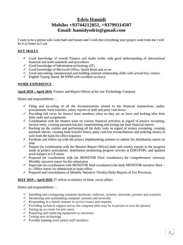 CV for Finance Edris Hamidi | PDF | Computing