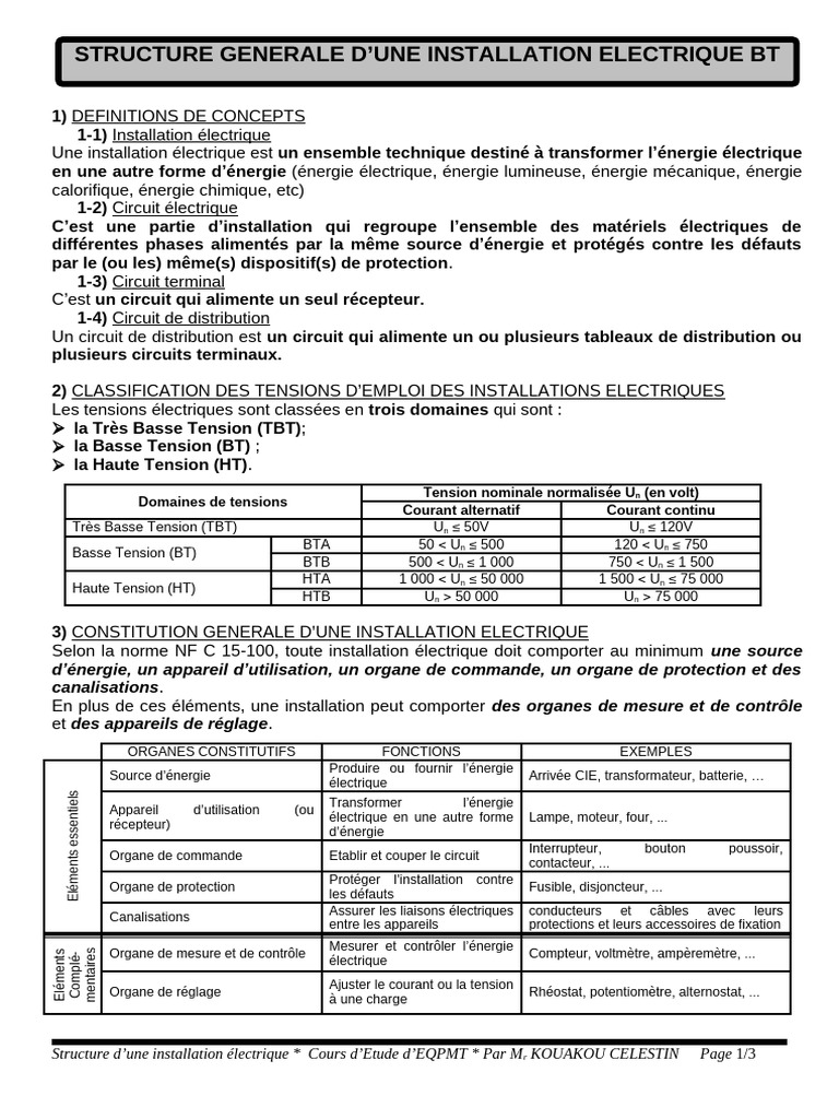 Structure d'une installation électrique BT | PDF | Tension électrique ...