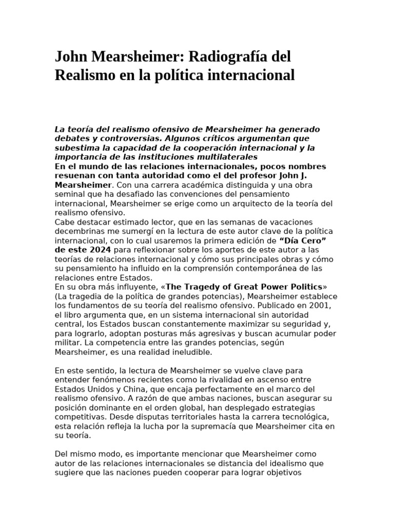 Mearsheimer y el Realismo Ofensivo | PDF | Realismo filosófico | Los ...
