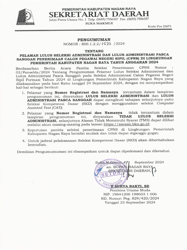 Pengumuman Hasil Seleksi Administrasi Pasca Sanggah Penerimaan Cpns Nagan Raya Ta 2024 | PDF