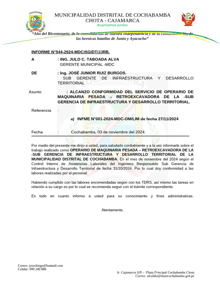 Informe de Conformidad de Operario 2024 | PDF