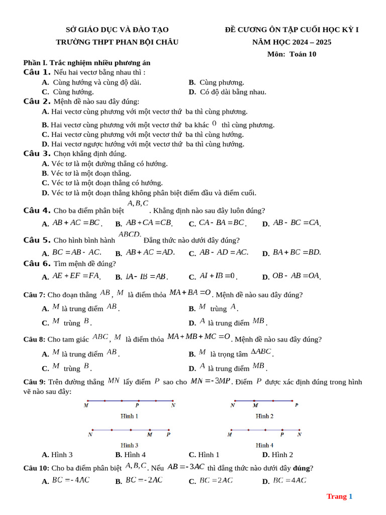 Đề Cương Toán 10 Hki 2024-2025 | PDF