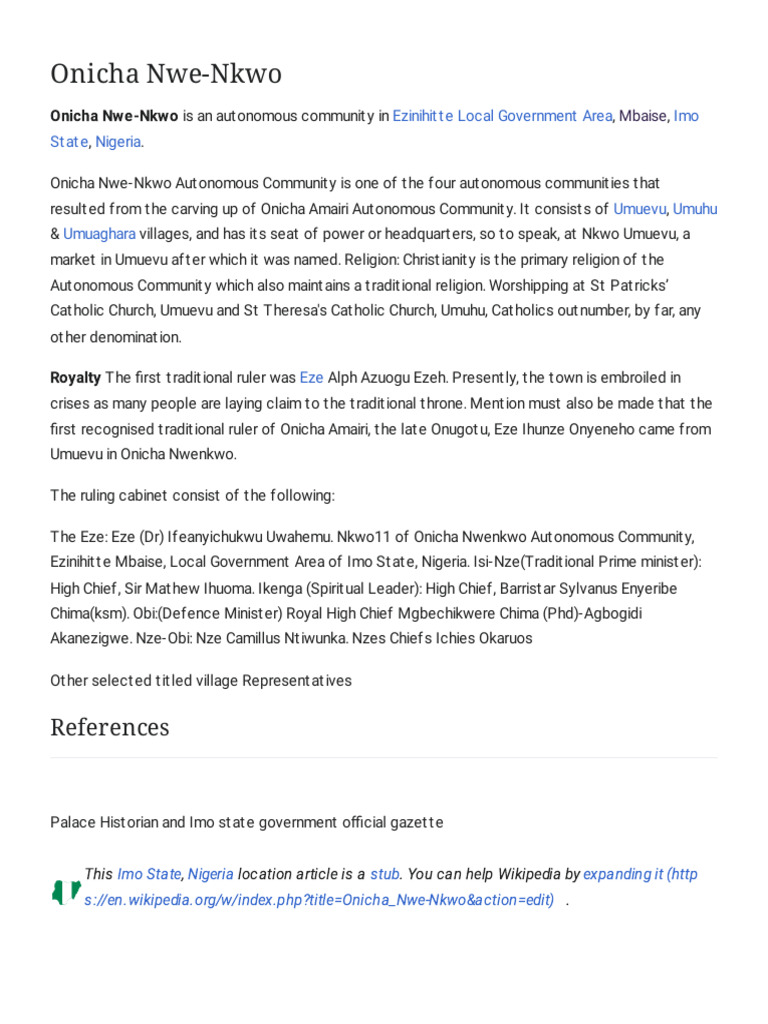 Onicha Nwe-Nkwo - Wikipedia | PDF