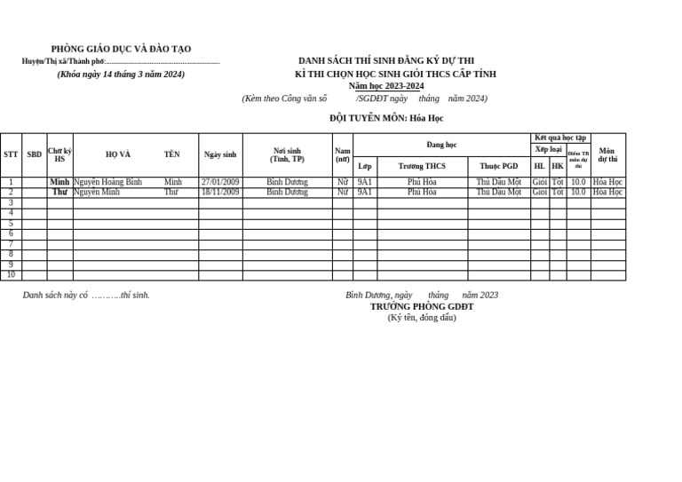 Mau DS Dang Ky Du Thi HSG THCS | PDF