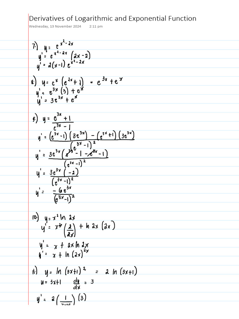 Derivatives of Logarithmic and Exponential Function Students Copy 1 | PDF