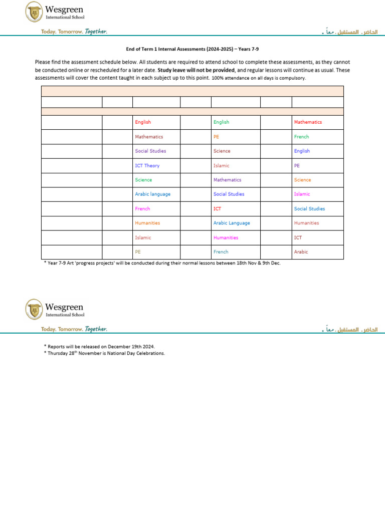 UPDATED Years 7-9 Assessment Schedule 2024-2025 | PDF