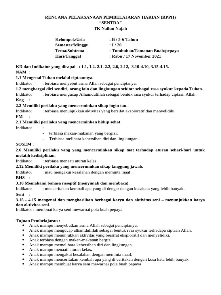 RPPH Model Sentra WIDYA SUKMA I | PDF