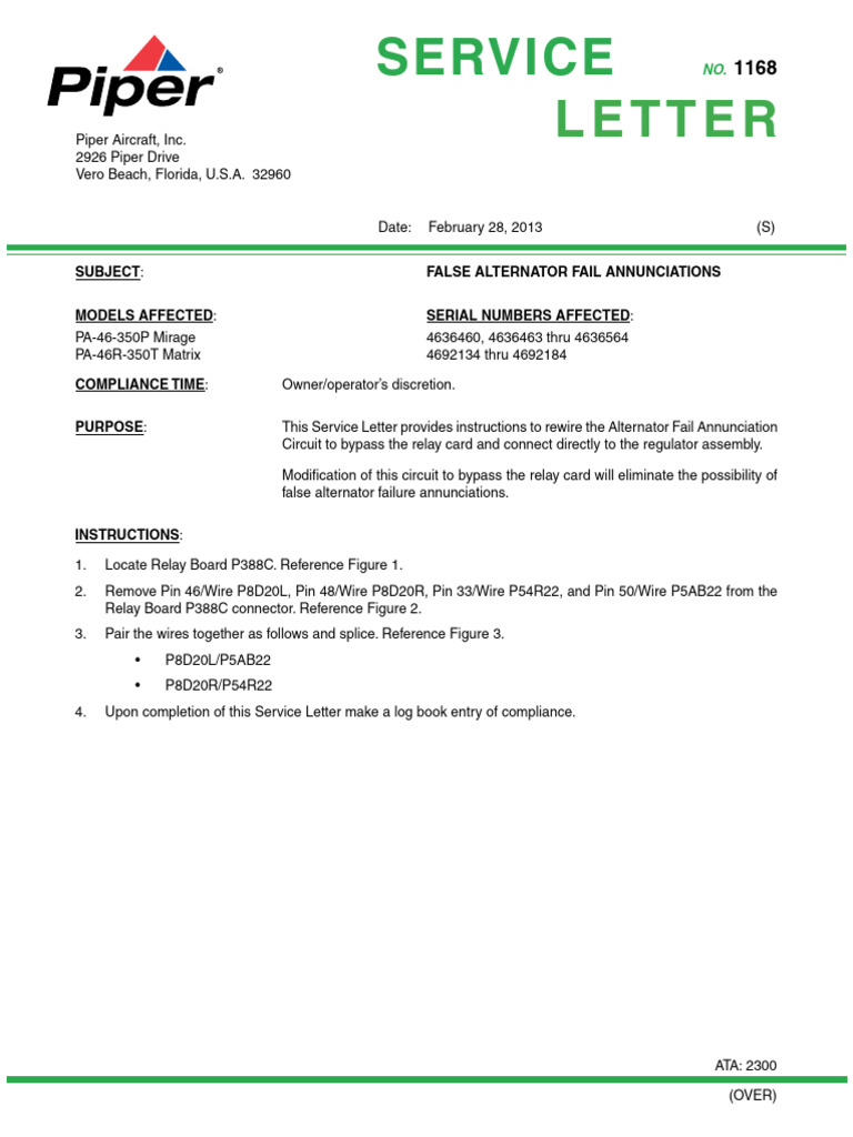 Piper Service Letter 1168 | PDF | Electrical Components | Electronics