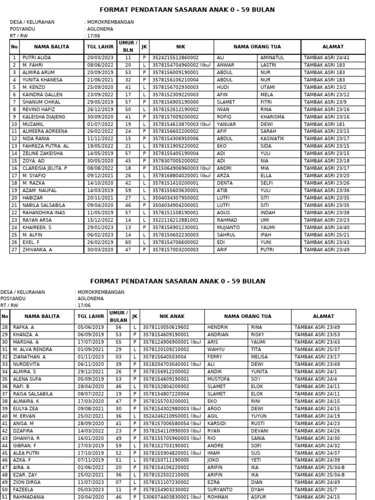 Format Pendataan Sasaran Anak 0-59 Bulan_Posyandu Aglonema | PDF
