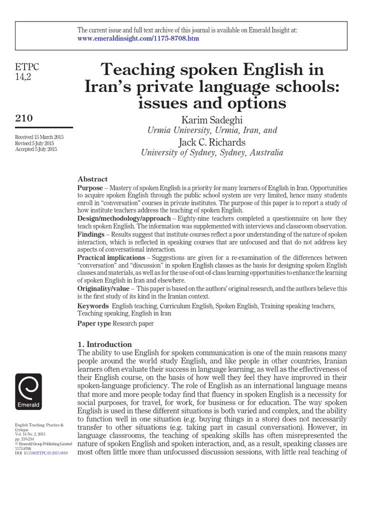 Teaching Spoken English in Irans Private Language Schools Issues and ...