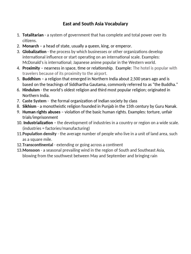 East and South Asia Vocabulary | PDF
