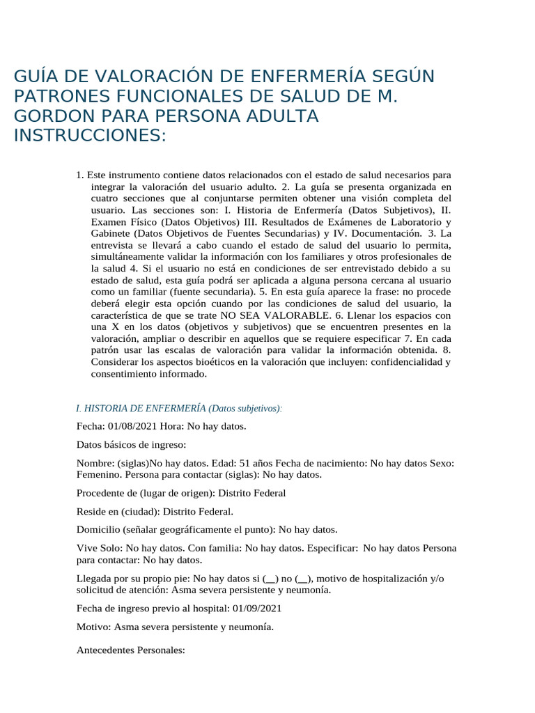 GUÍA DE VALORACIÓN DE ENFERMERÍA SEGÚN PATRONES FUNCIONALES DE SALUD DE M | PDF | Asma | Dormir