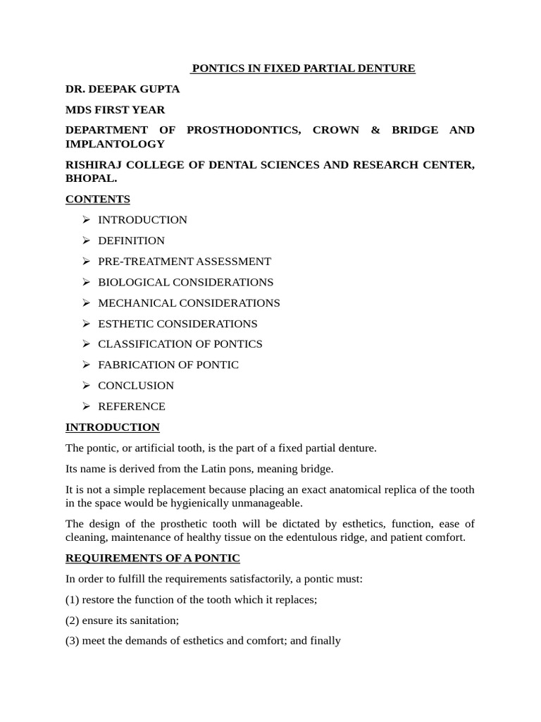 Pontics in Fixed Partial Denture | PDF | Dental Implant | Fracture