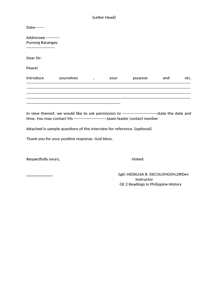 Sample Letter To Barangay | PDF