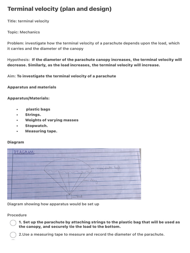 Terminal Velocity (Plan and Design) | PDF | Parachute | Velocity