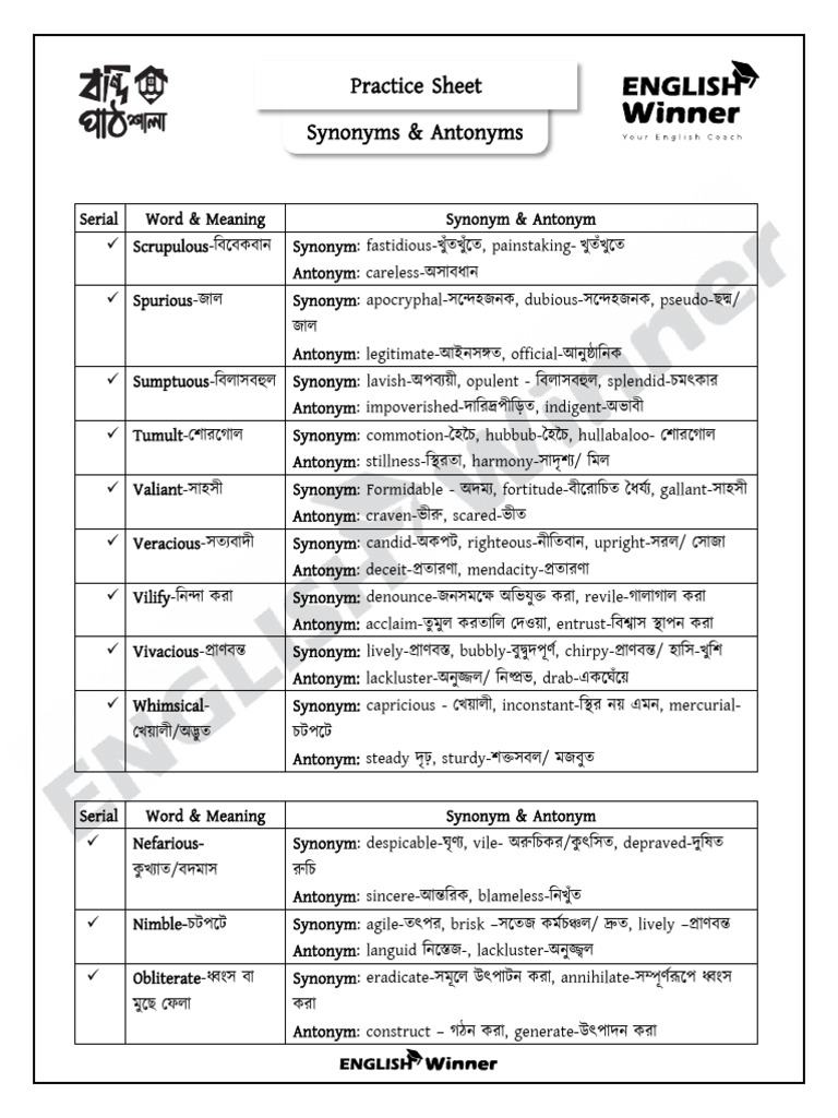 Practice Sheet- Synonyms & Antonyms | PDF