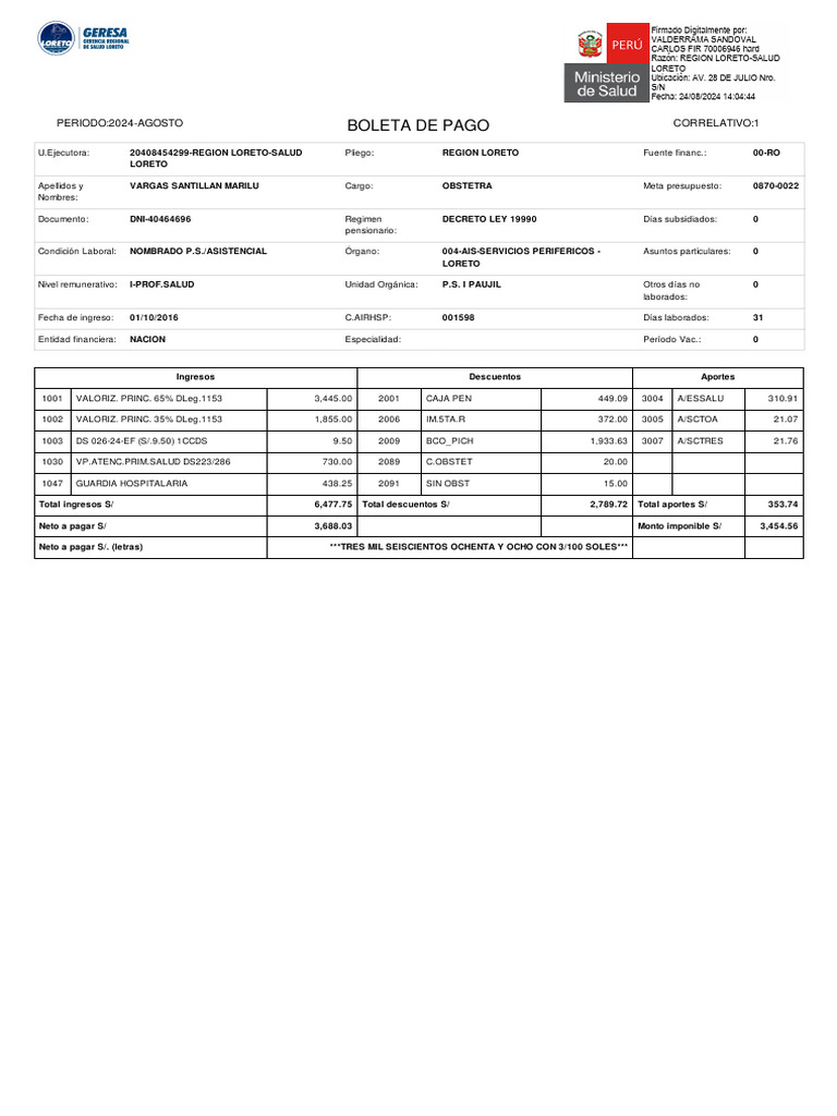 Boleta de Pago Obstetra Loreto 2024 | PDF