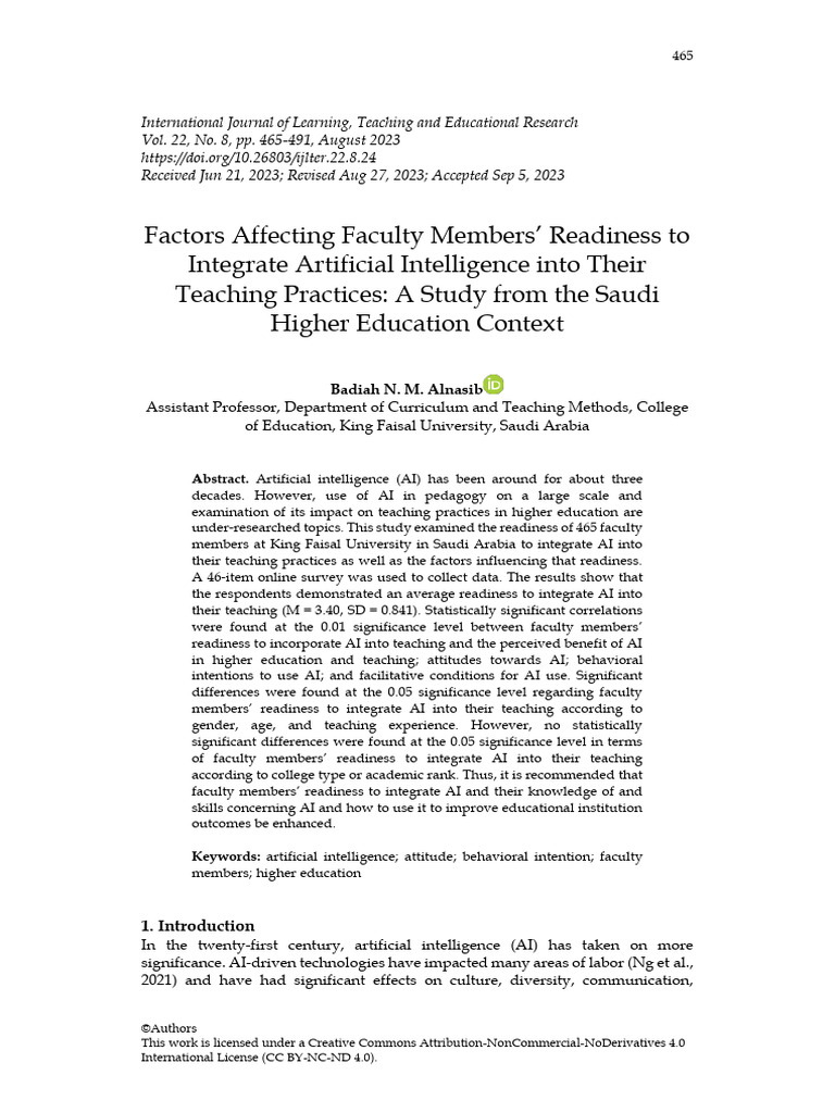 Factors Affecting Faculty Members’ Readiness to Integrate Artificial Intelligence into Their ...