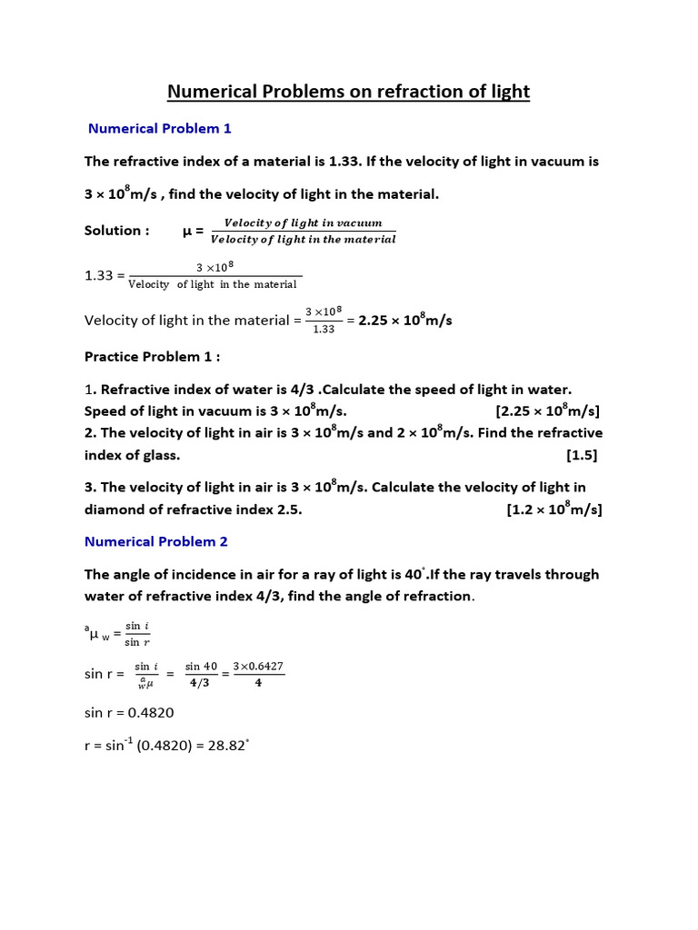 Numerical Problems On Refraction of Light | PDF | Refraction | Speed Of Light
