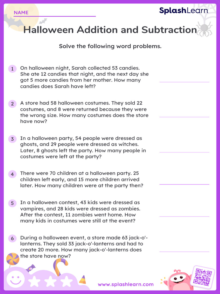 Add and Subtract Within 100 - Halloween Word Problems - Worksheet | PDF