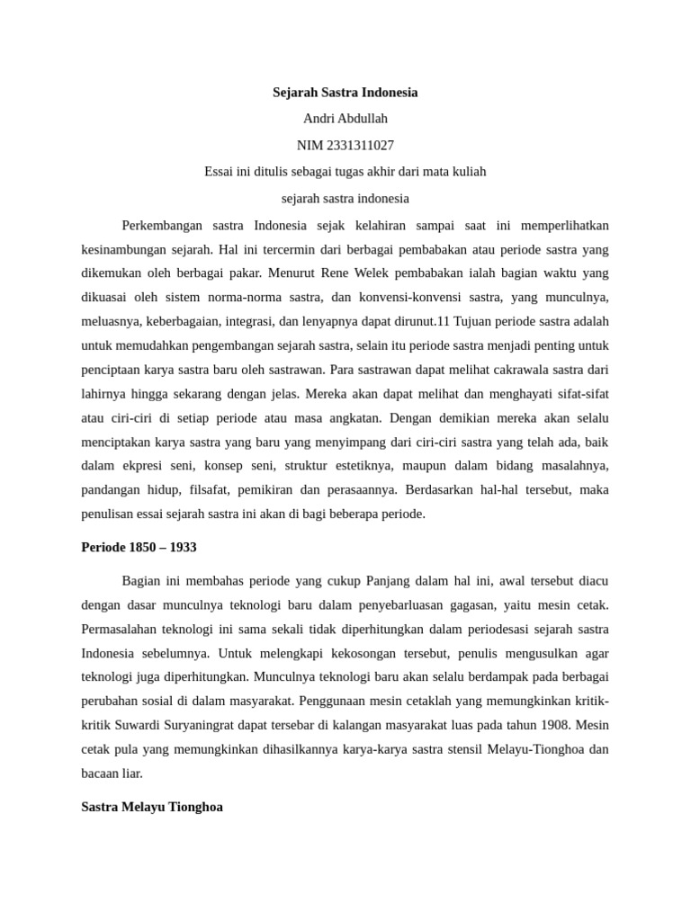 Uas - Sejarah Sastra Indonesia - Andri Abdullah - 2331311027 | PDF