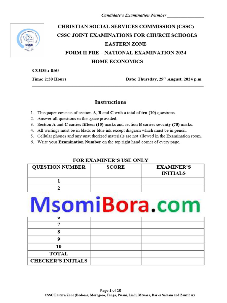 CSSC Form II Home Economics Exam 2024 | PDF | Sewing Needle | Knitting