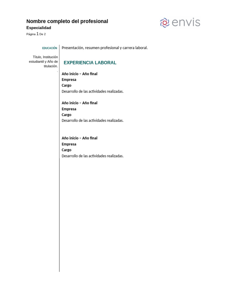 Modelo Formato CV Envis Nombre - Apellido | PDF