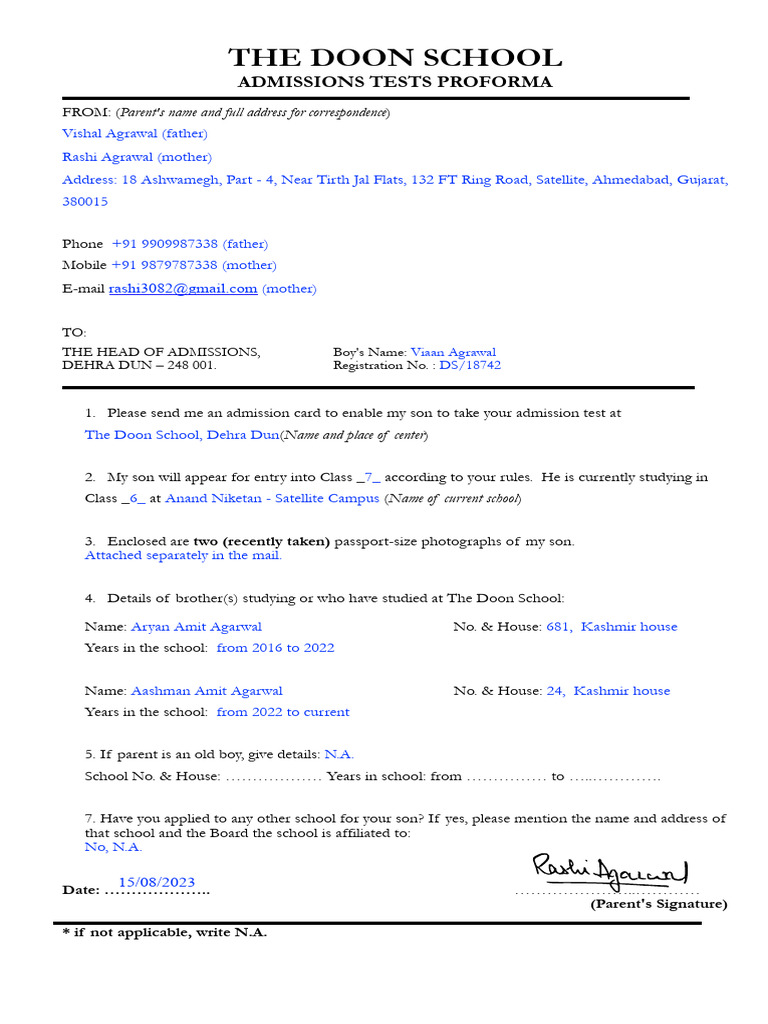 Doon School Test Proforma | PDF