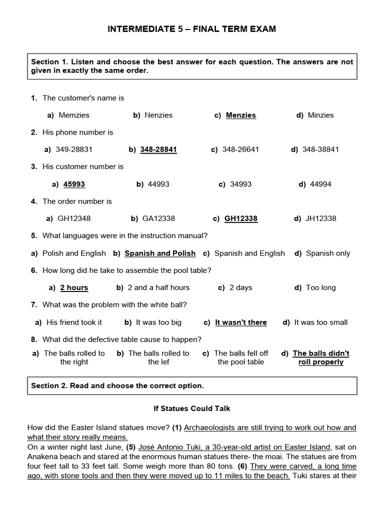 Intermediate 5 - Final Term Exam | PDF