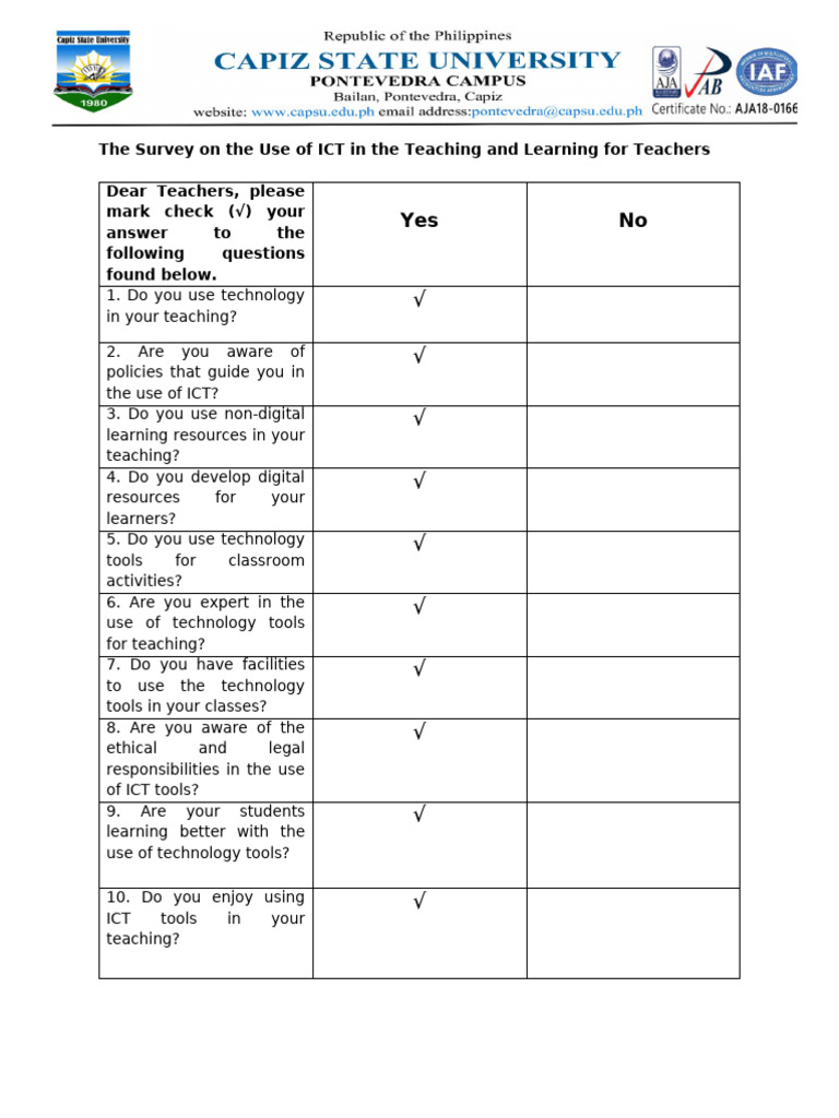 ICT Use in Teaching Survey for Teachers | PDF