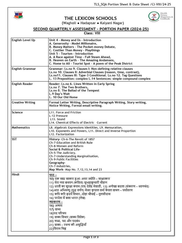 01 - TLS - Cl-VIII - SQA - Portion Paper & Date Sheet 2024-25 | PDF | Linguistics | Syntax