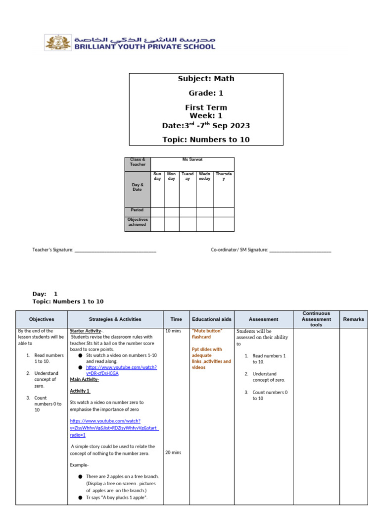 MATH Lesson Plan Week 1 2023-2024 | PDF | Cognition | Human Communication