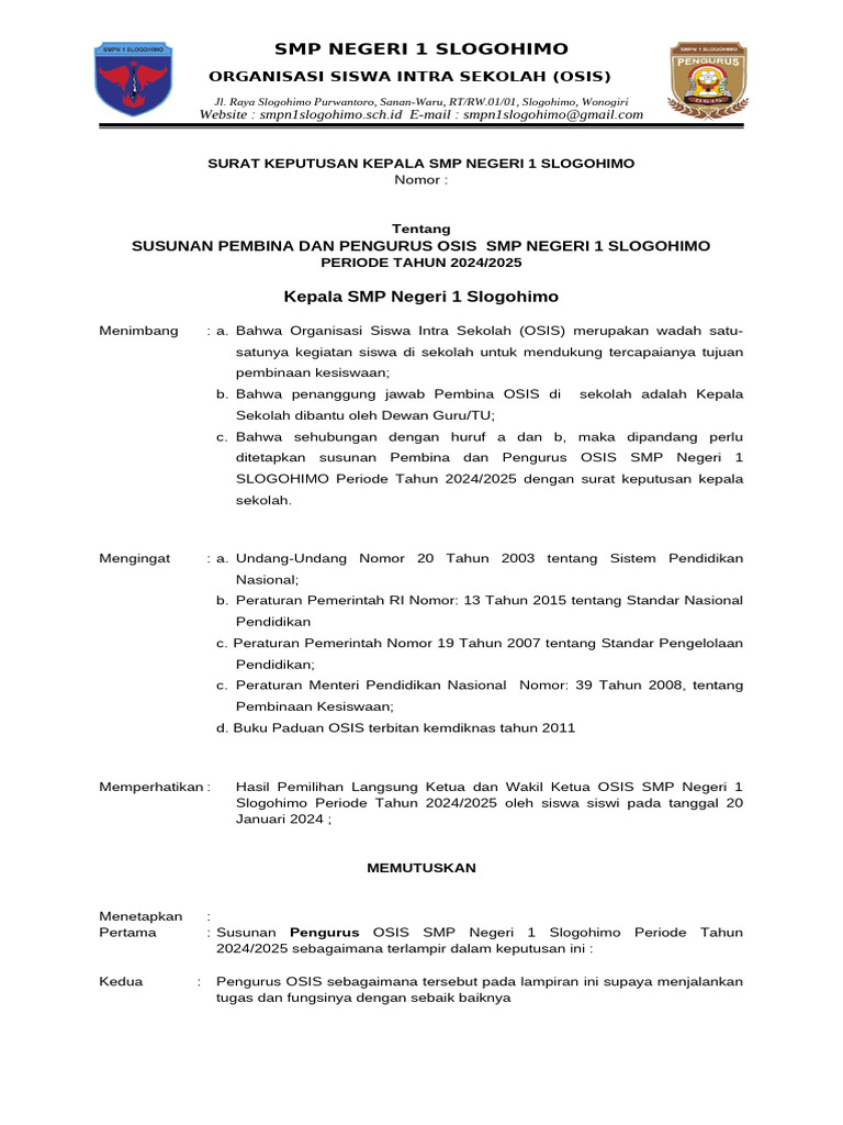 SK Pengurus Osis 2425 | PDF