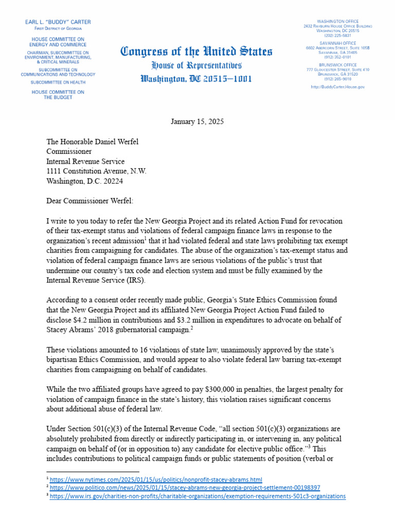 Rep. Carter Letter To IRS | PDF | Campaign Finance In The United States ...