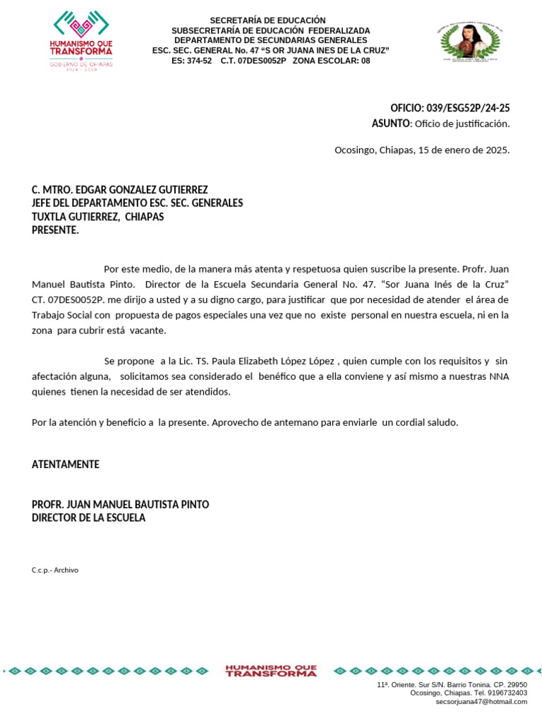 Oficios de Justificación SEP 2025 | PDF | Chiapas
