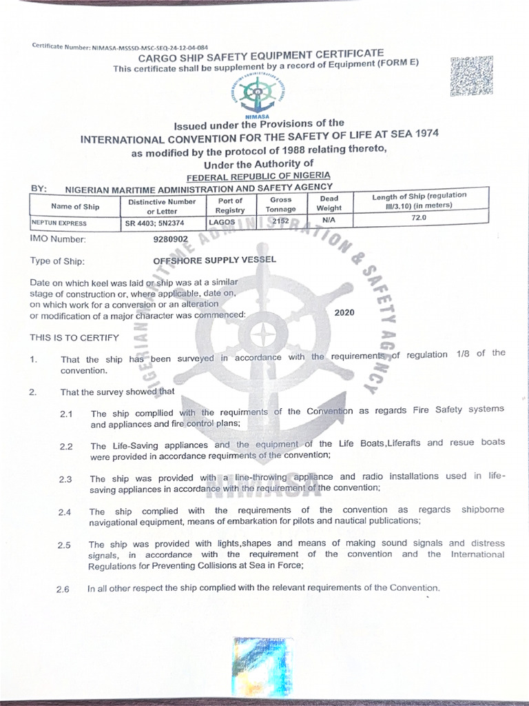 Cargo Ship Safety Equipment Certificate | PDF