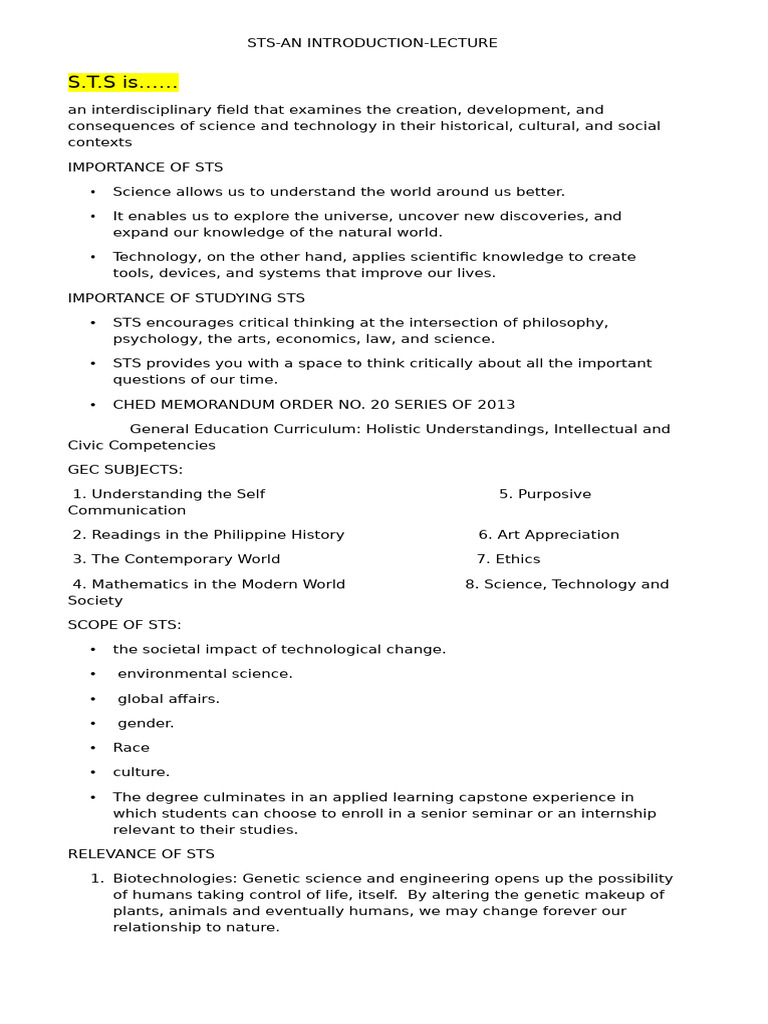 Sts An Introduction Lecture | PDF | Science | Psychoanalysis