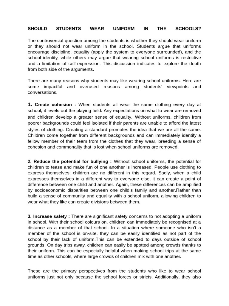 SHOULD STUDENTS WEAR UNIFORM IN THE SCHOOLS | PDF | Social Psychology ...