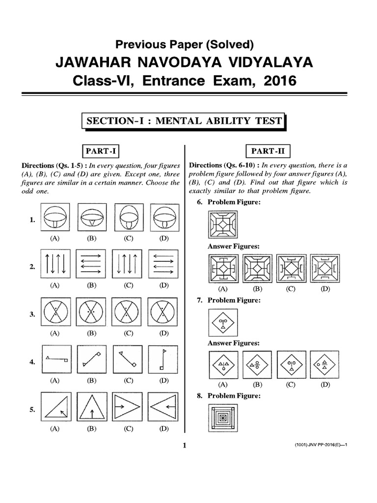 Navodaya Vidyalaya Class 6 Question Paper 2016 | PDF