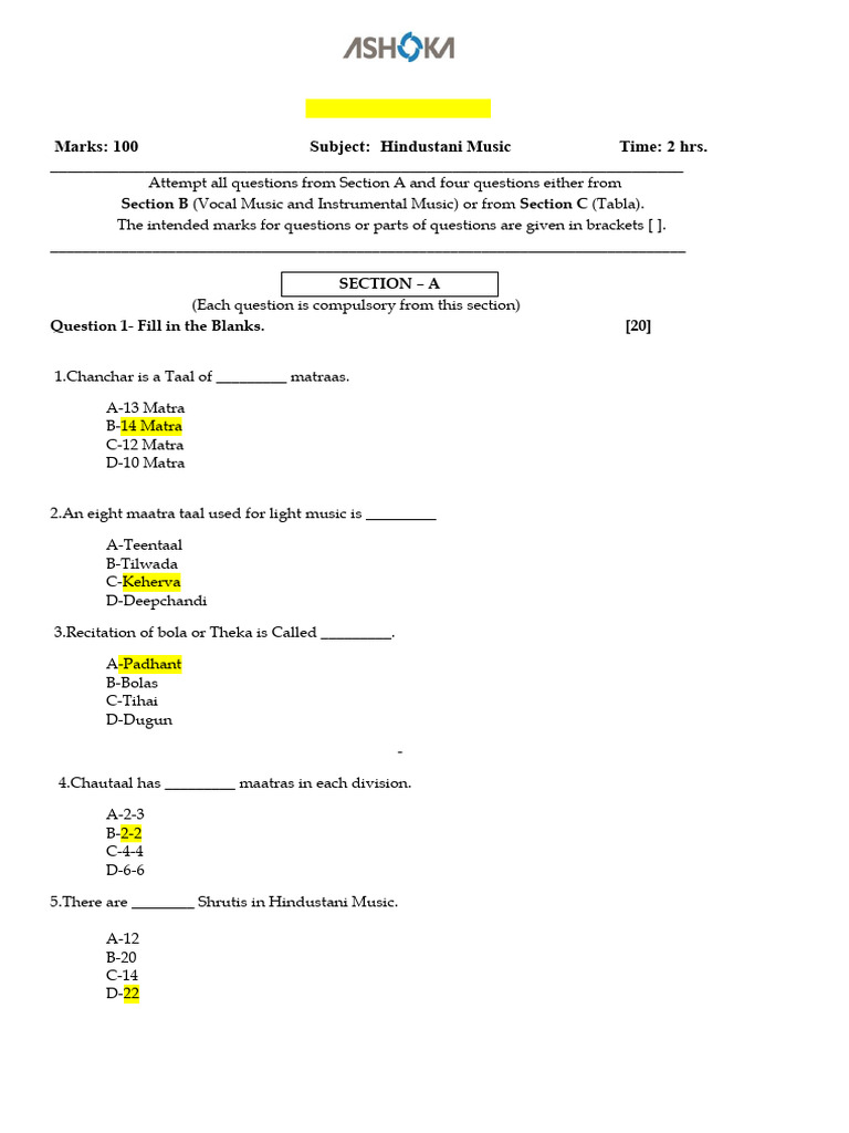 Hindustani Music Pre-board Answer Key | PDF | Classical And Art Music ...