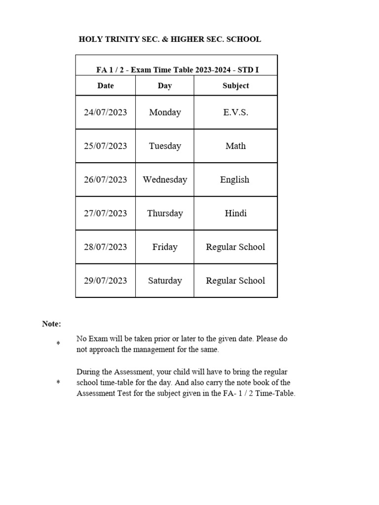 STD-1 Fa 1,2 Exam Time Table | PDF