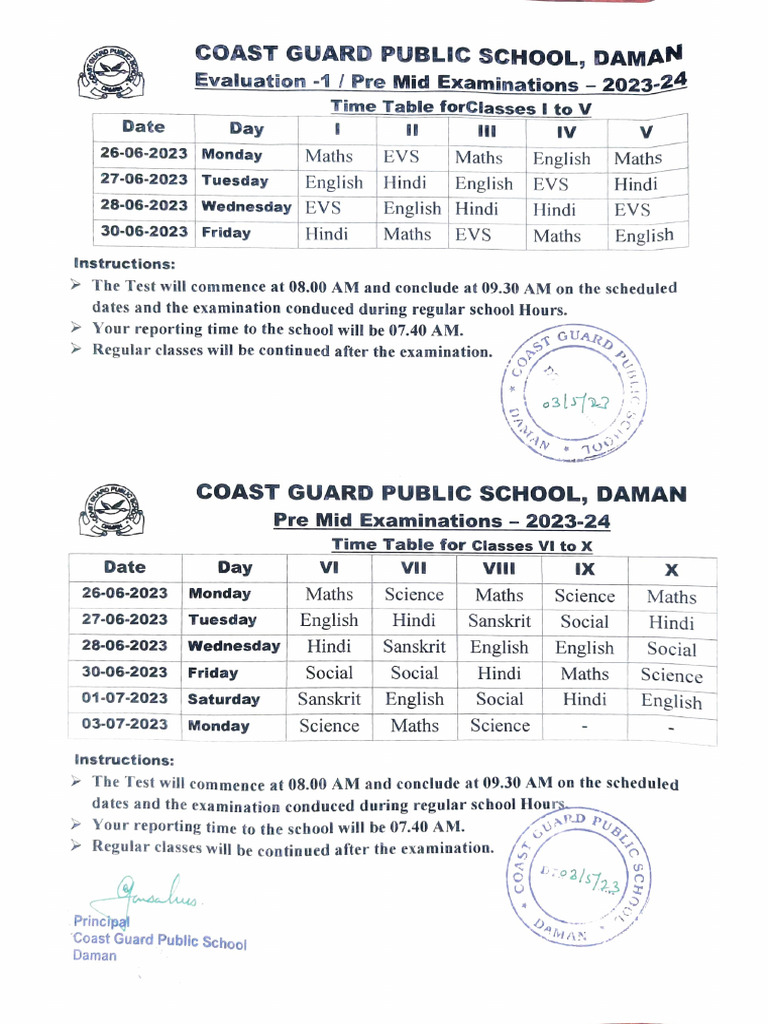 Pre Mid Exam Schedule 2023-24 | PDF