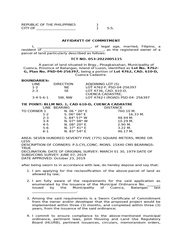 Affidavit of Commitment for Land Reclassification | PDF | Affidavit | Civil Law (Common Law)