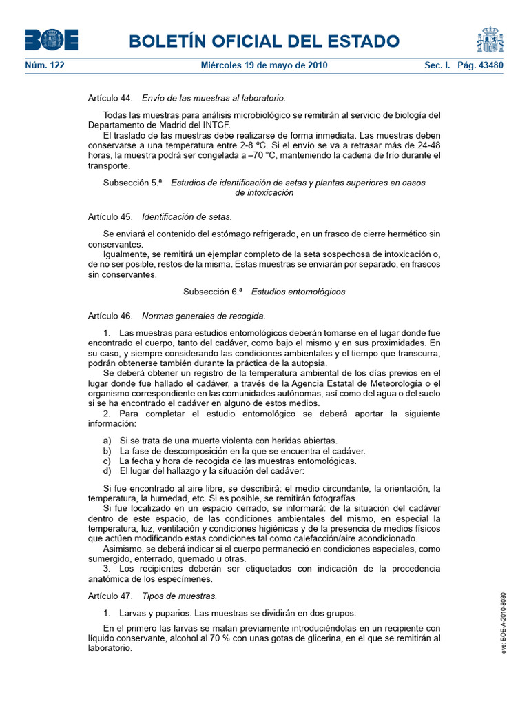 BOE-A-2010 INTCF Remisión de Muestras Criminalística (Extracto) | PDF | Papel | Residuos