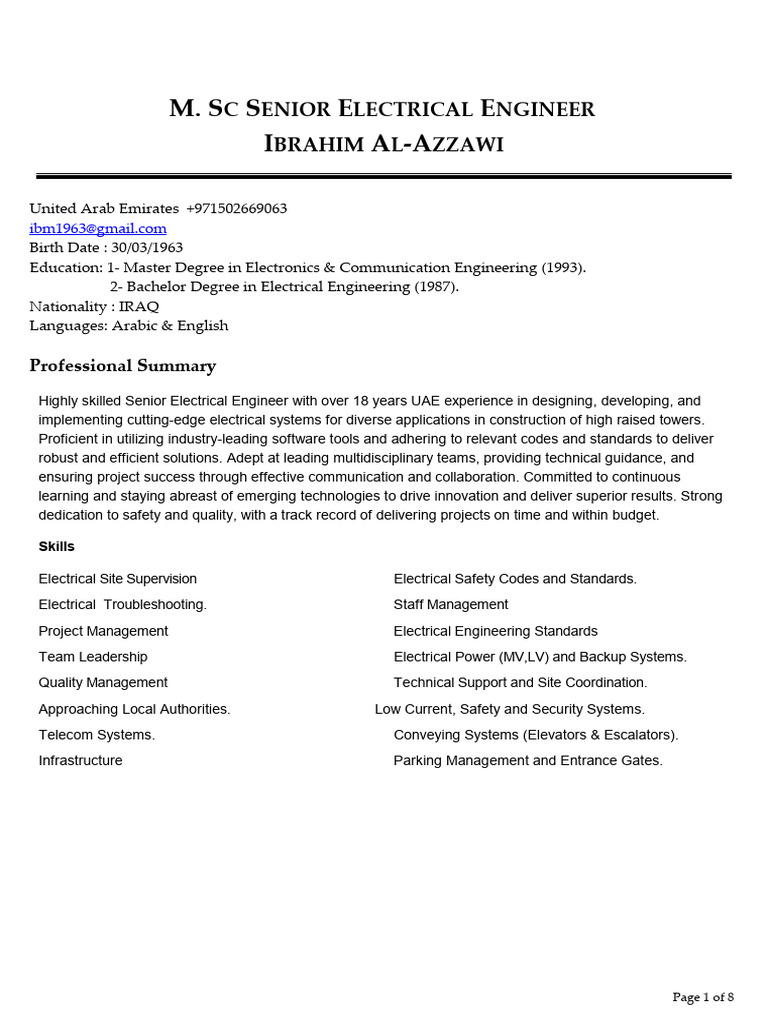 Sr. Electrical Engineer Ibrahim AlAzzawi Resume (Oct-2024) 1 | PDF ...