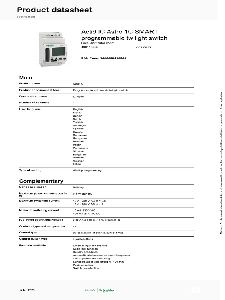 Acti9 IC Astro 1C Twilight Switch | PDF | Fluorescent Lamp | Electrical ...